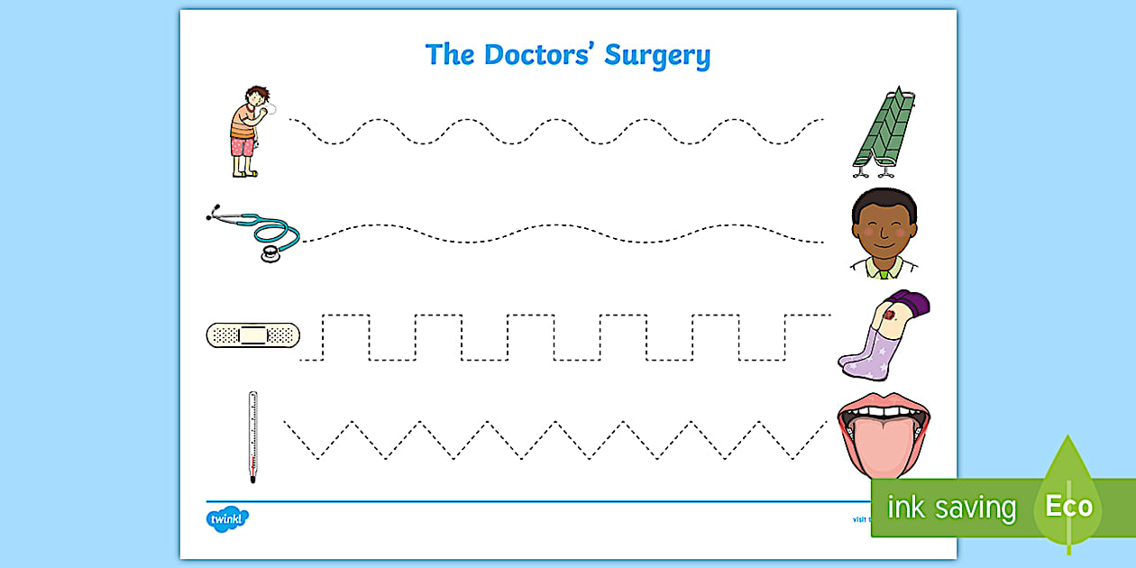 Black and White The Doctors' Surgery Aistear Pencil Control Worksheet