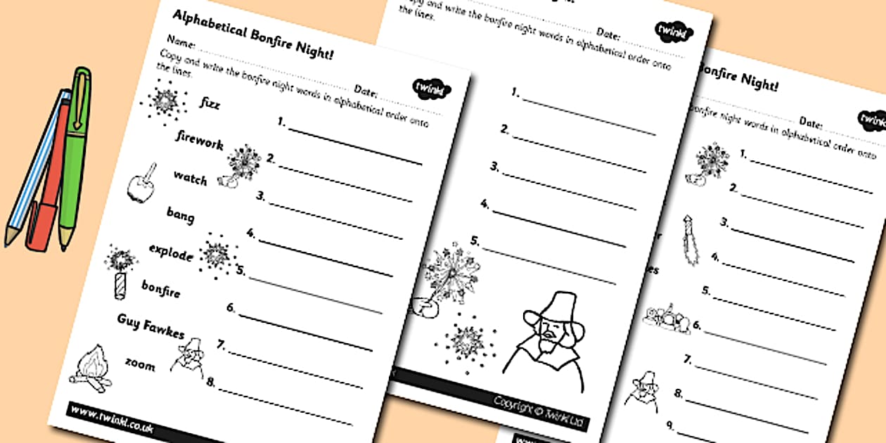 Bonfire Night Alphabet Ordering Worksheet (teacher made)