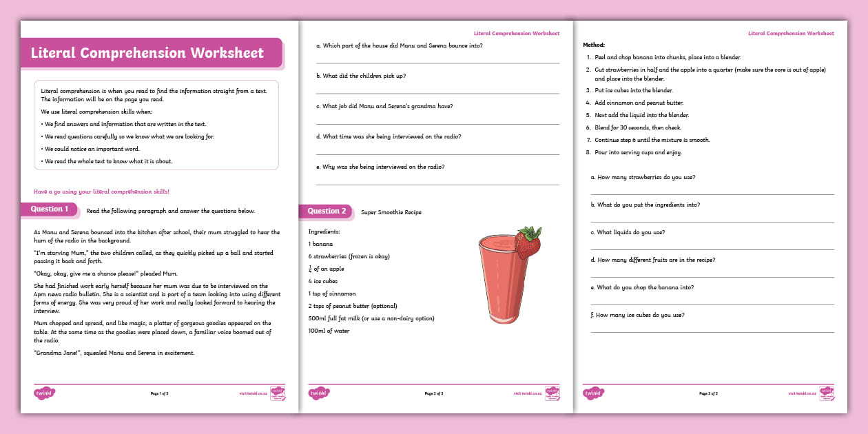 Reading Comprehension Skills: Literal Comprehension Worksheet (Year 3-4)