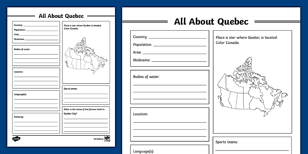 All About Quebec Research and Write Worksheet for 3rd-5th