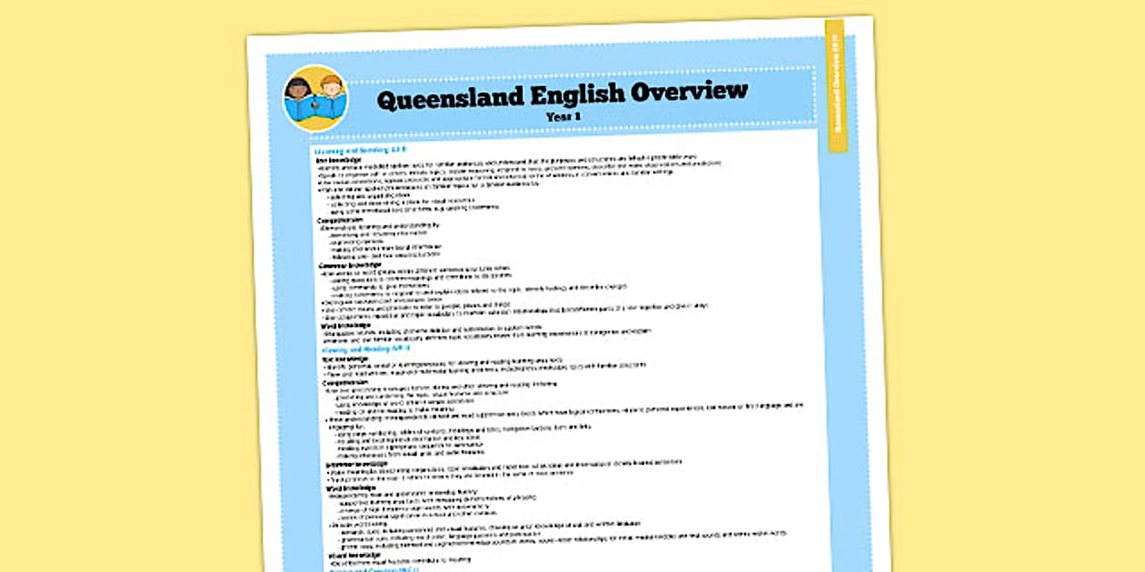 Black and White Queensland Curriculum Year 1 English Literacy Syllabus