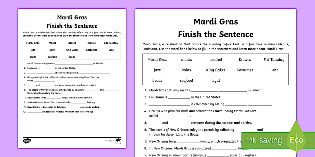 Fourth Grade Mardi Gras Cloze Reading Worksheet - Twinkl