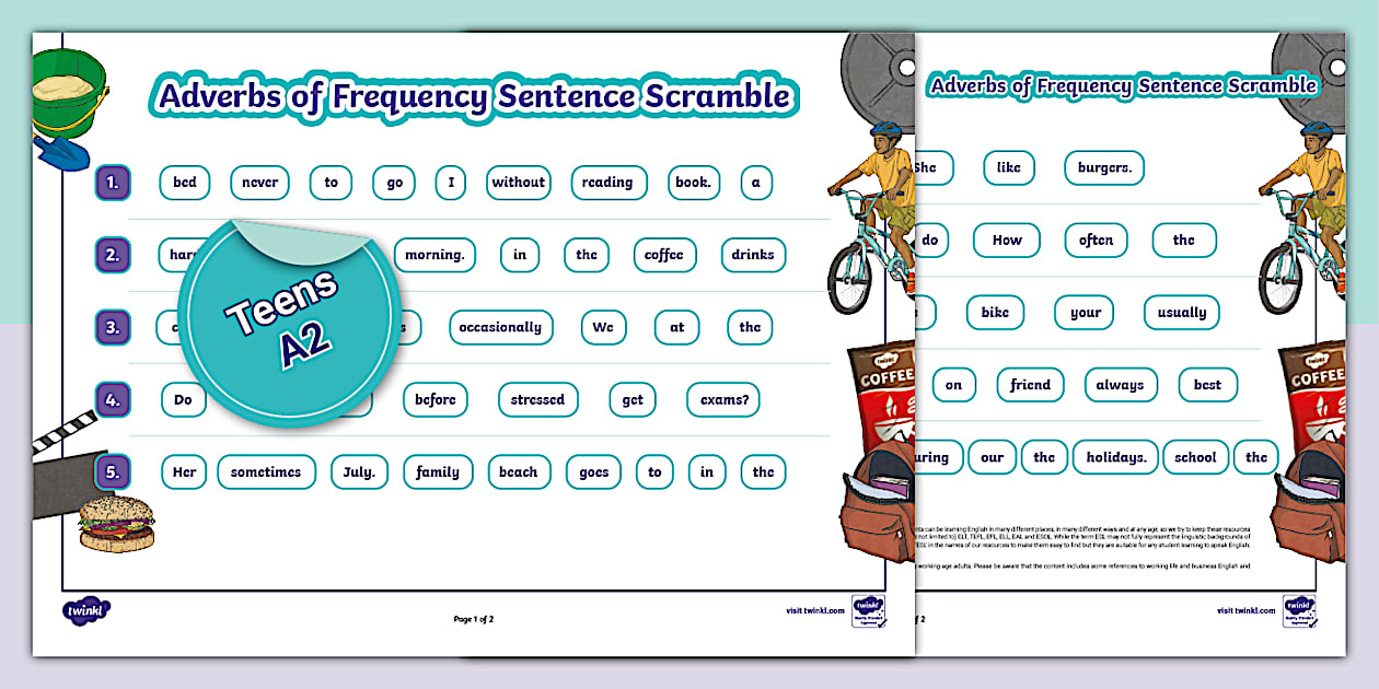 ESL Adverbs of Frequency Sentence Scramble (teacher made)