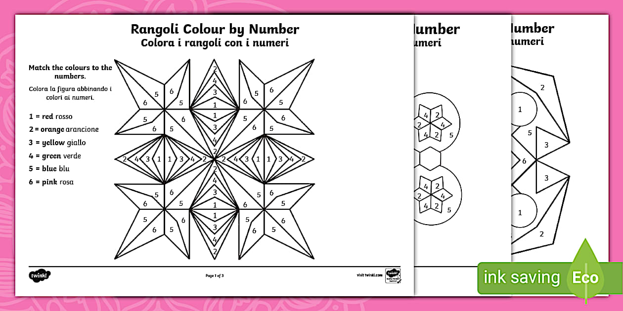 Rangoli Colour by Number Worksheet / Worksheets English/Italian