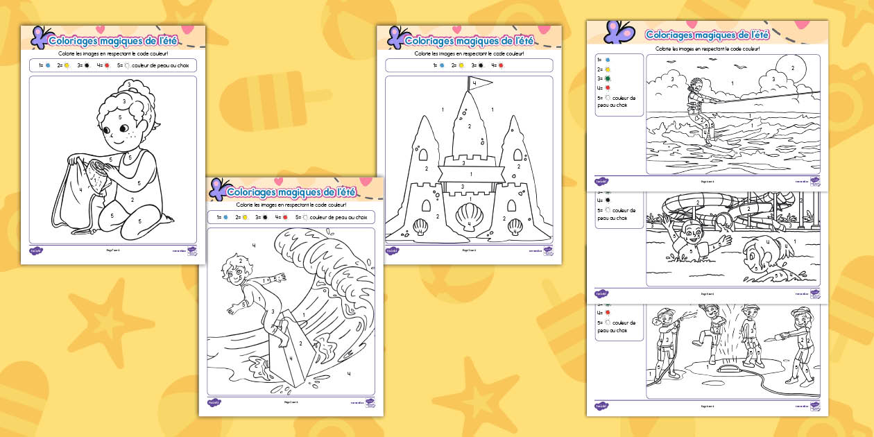 Coloriages magiques de l'été sur les chiffres de 1 à 5