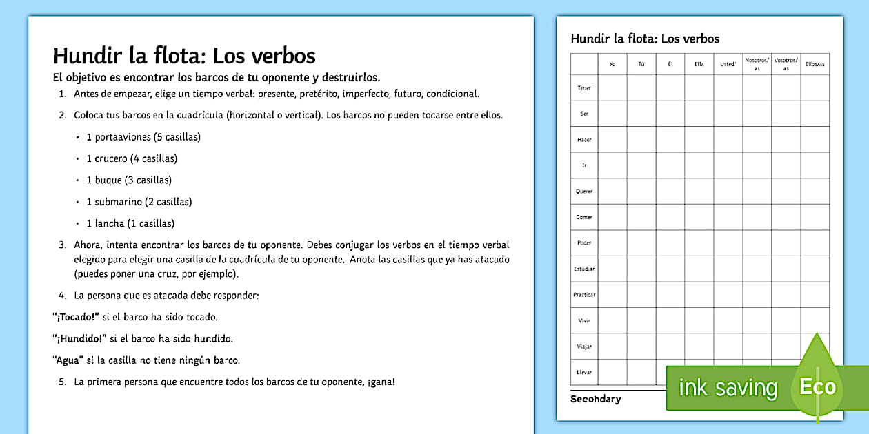 Spanish Verbs Battle Ships Board Game (teacher made)