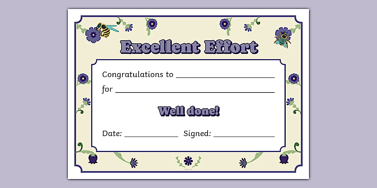 Bee-Themed Excellent Effort Certificate (Teacher-Made)
