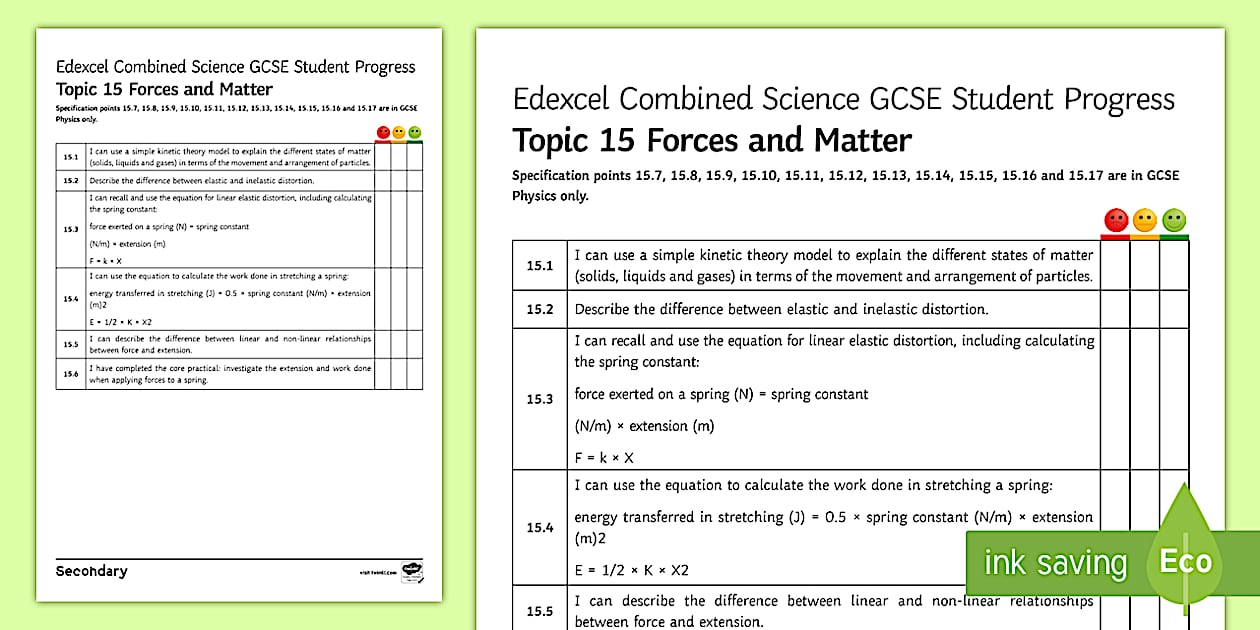 Edexcel Style Combined Science: Forces and Matter Progress Sheet
