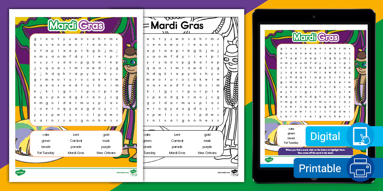 Mardi Gras Word Search (teacher made) - Twinkl