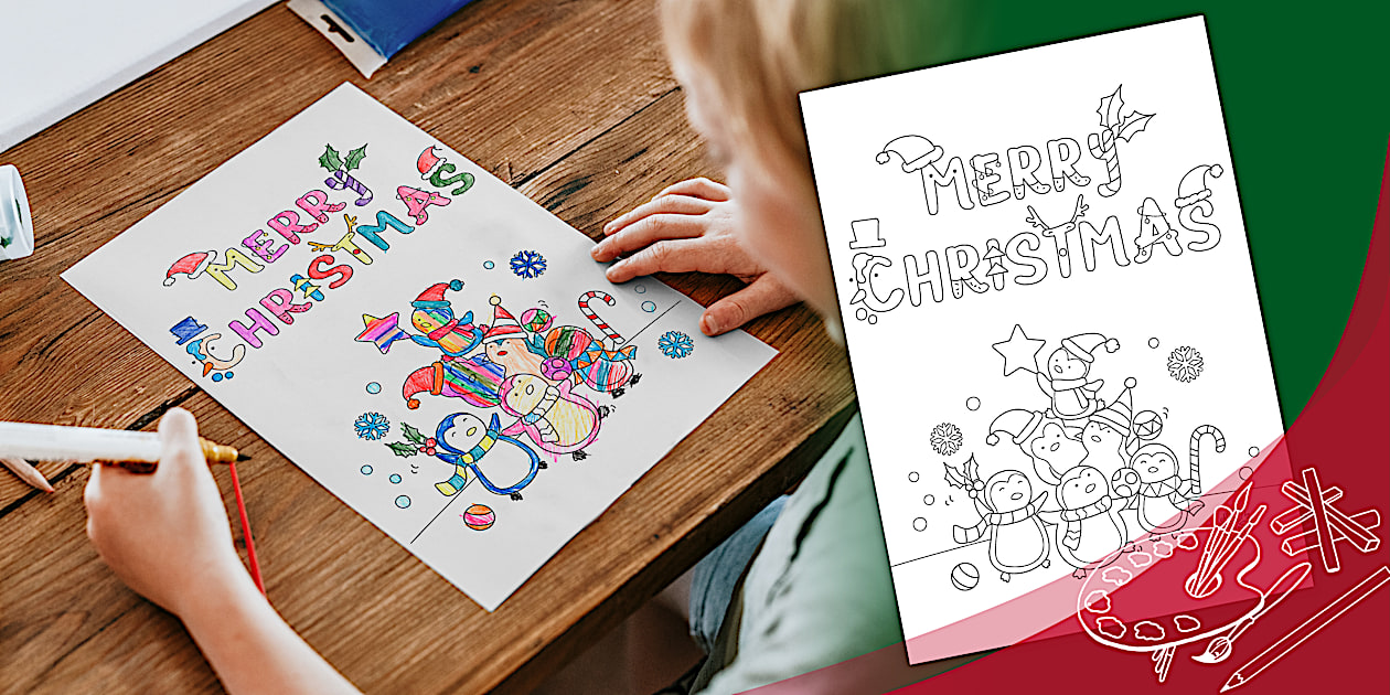 Merry Christmas Typography Penguins Colouring Activity