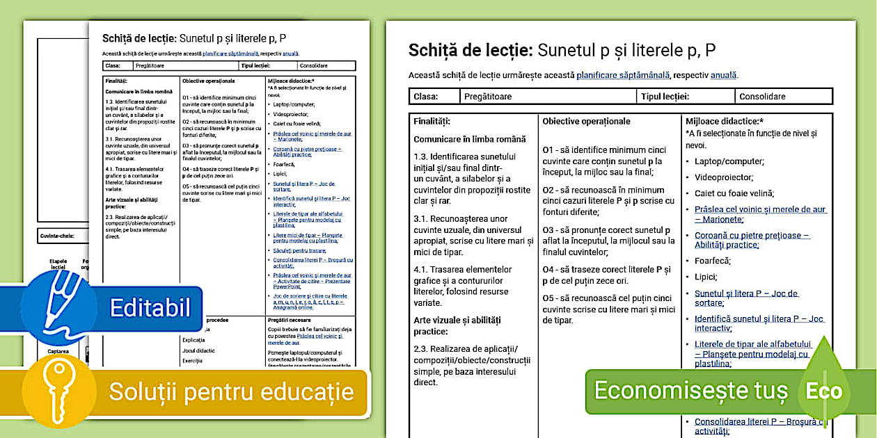 Consolidare sunetul p și literele p, P – Schiță de lecție