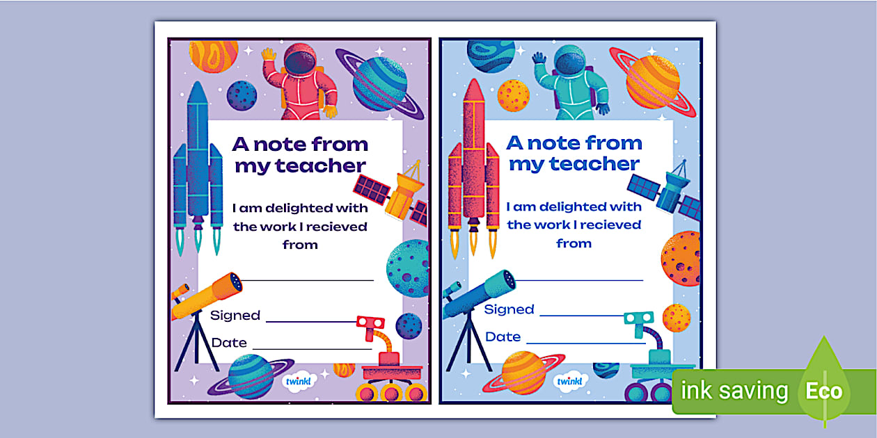Note From Teacher Delighted With Work (Space Themed)