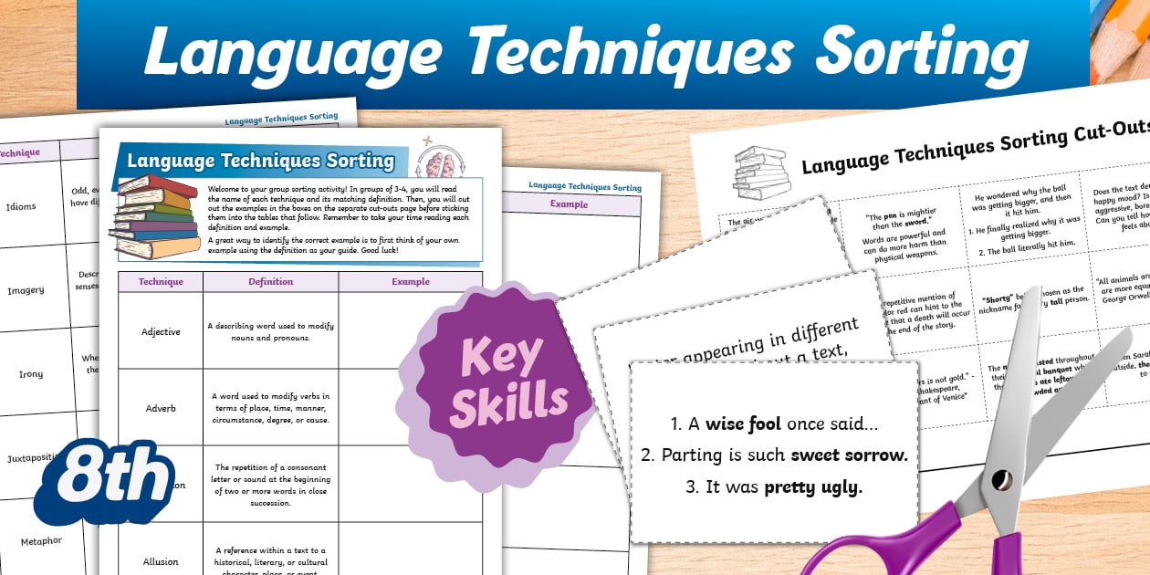 Eighth Grade Language Techniques Sorting Activity - Twinkl