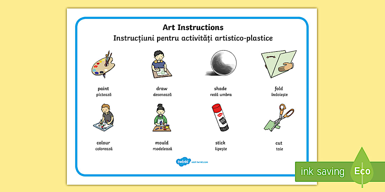 Black and White Art Instructions Word Mat English/Romanian