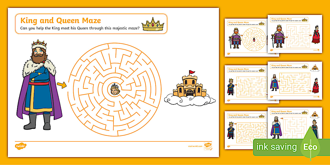 King and Queen Maze Activity Worksheets for children.
