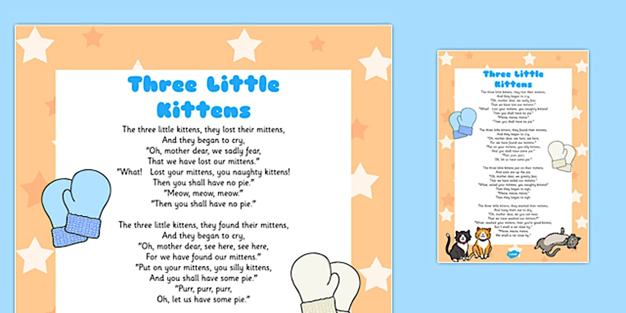 3 Little Kittens Nursery Rhyme Lyrics Sheet - Twinkl