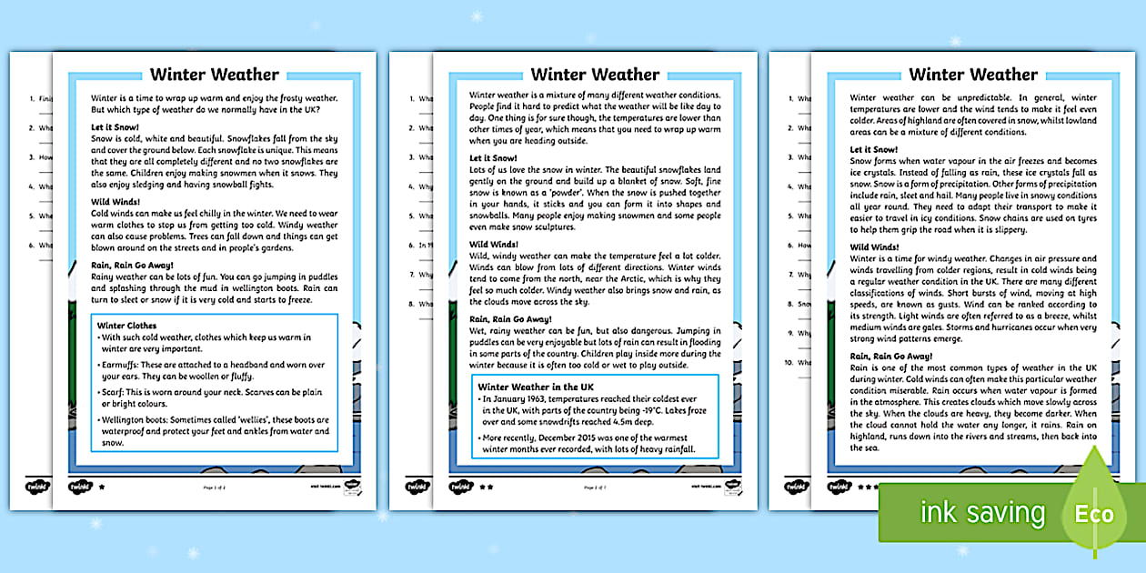 KS1 Winter Weather Differentiated Reading Comprehension Activity