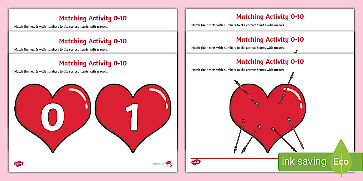 Valentine's Day Hearts and Cupid Arrows Matching Activity (0-10)
