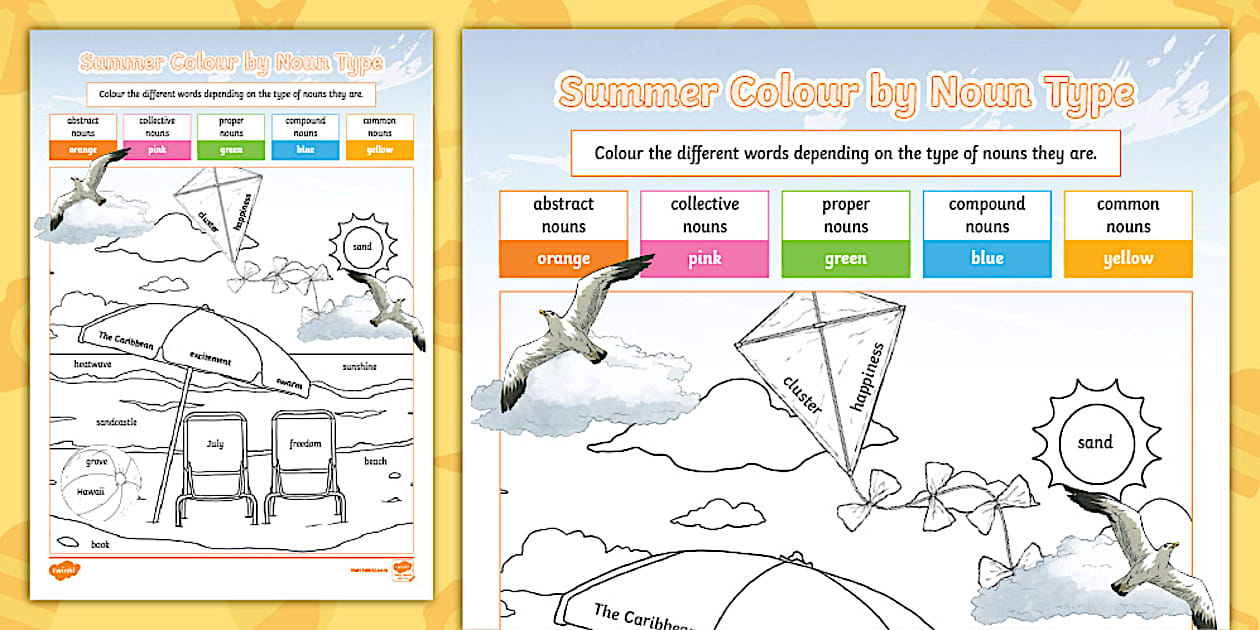 Summer Colour by Noun Type Worksheet (teacher made) - Twinkl