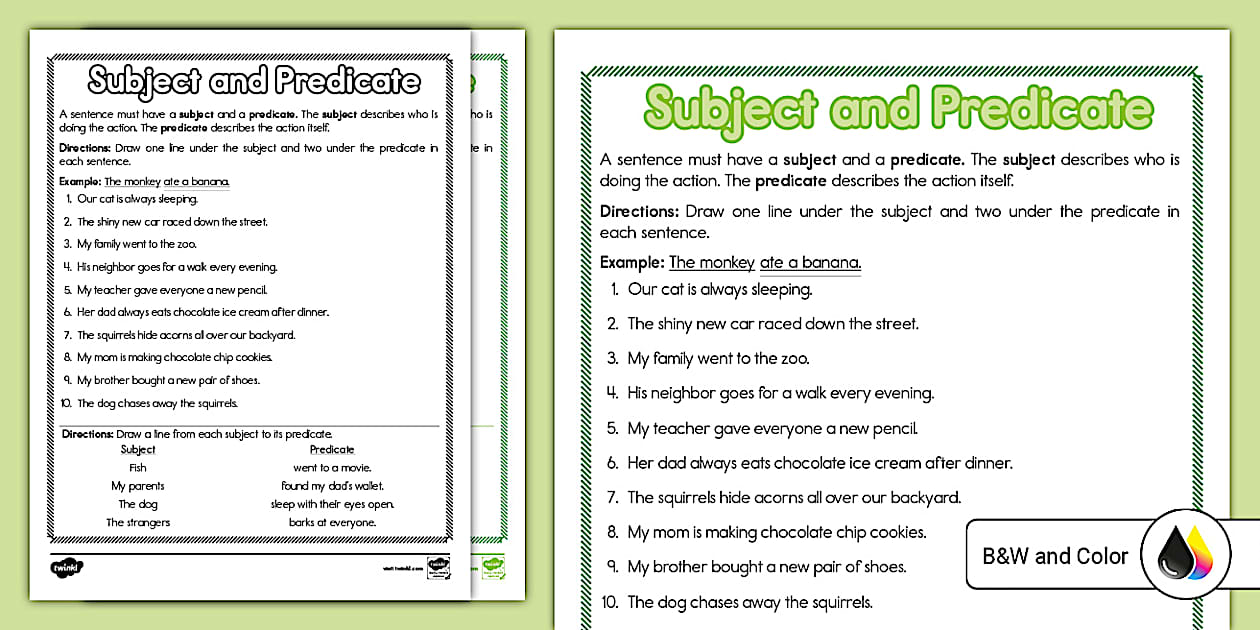 Second Grade Subject and Predicate Worksheet - Twinkl