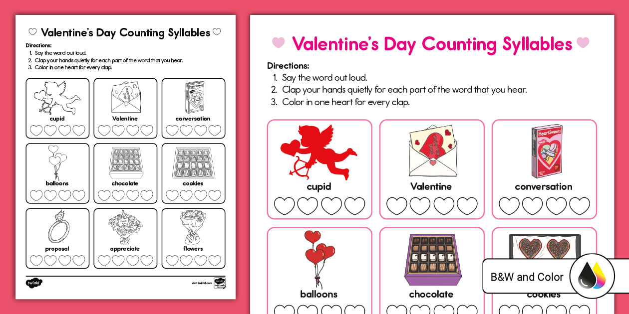 Valentine's Day Counting Syllables Worksheet for K-2nd Grade
