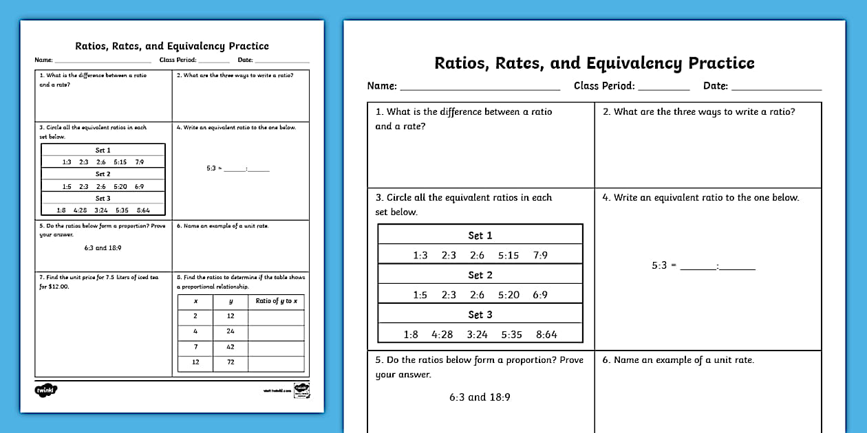 Seventh Grade Ratios, Rates, and Equivalency Practice