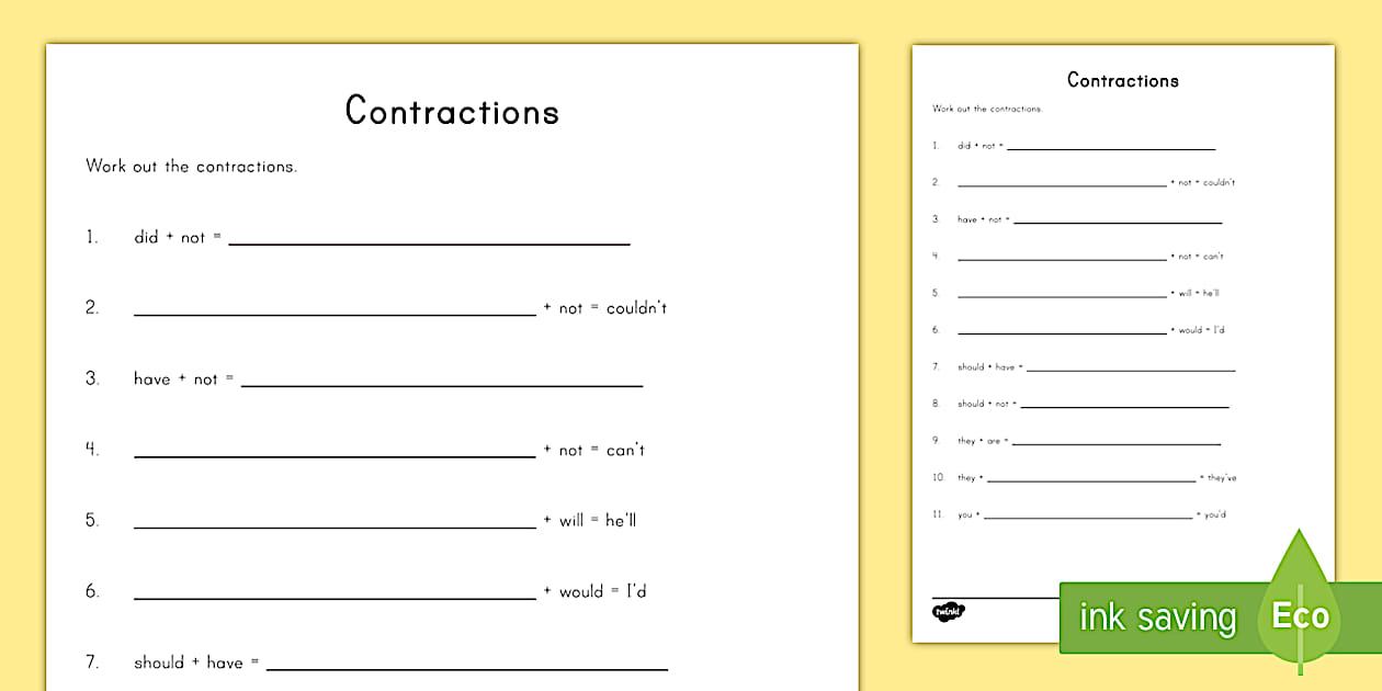 Contractions Worksheet - ELA Resources - USA (teacher made)