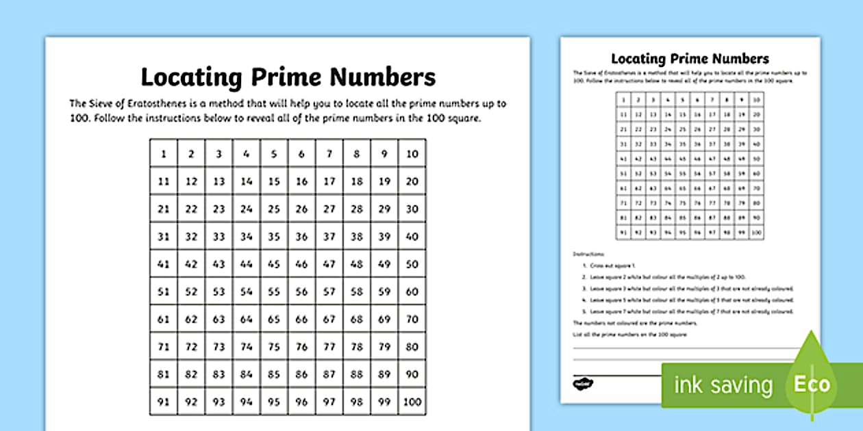 Locating Prime Numbers Worksheet - Twinkl
