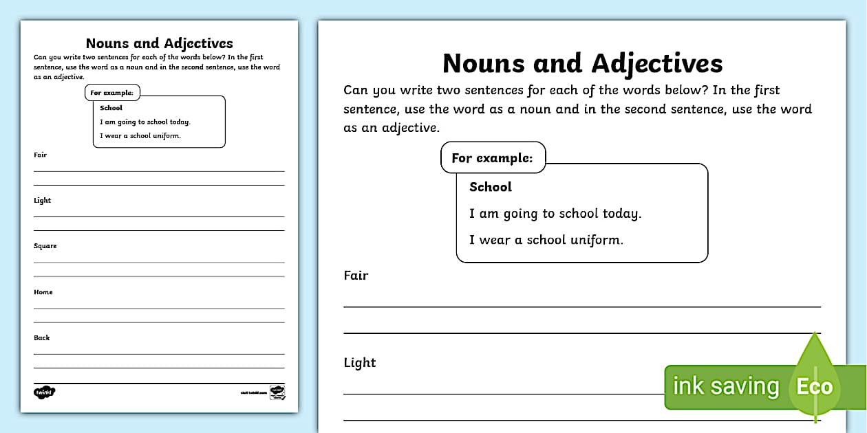 Nouns and Adjectives Activity Sheet (teacher made) - Twinkl