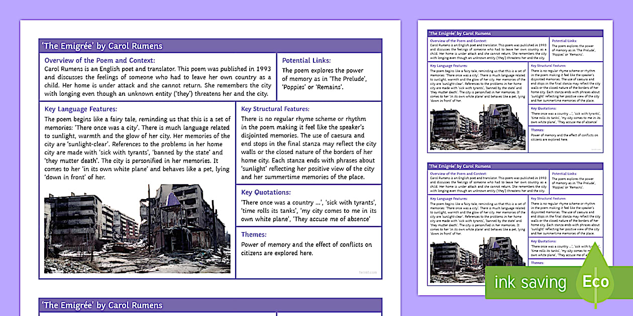 AQA Poetry: The Emigrée - One Page Revision Summary