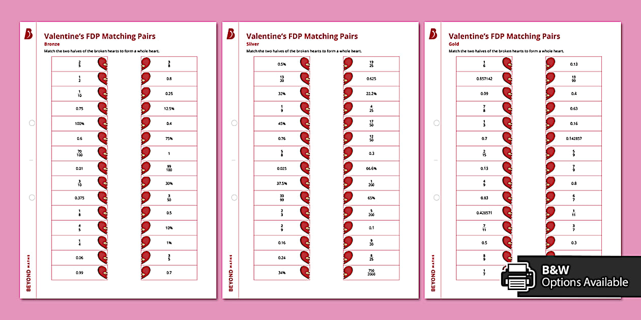 Valenitine's FDP Matching Pairs Differentiated Worksheet / Worksheets