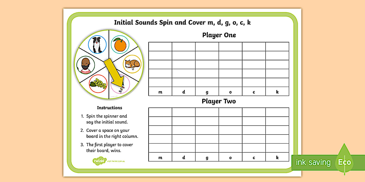 Initial Sounds Spin and Cover 'm, d, g, o, c, k' Board Game