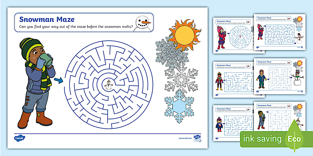 A Collection of Snowman Maze Activity Worksheets | Twinkl