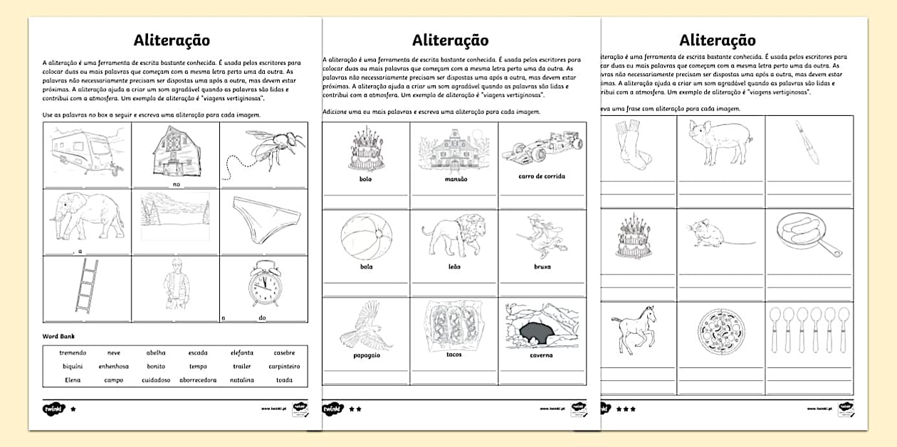 Atividade sobre Aliteração (teacher made) - Twinkl