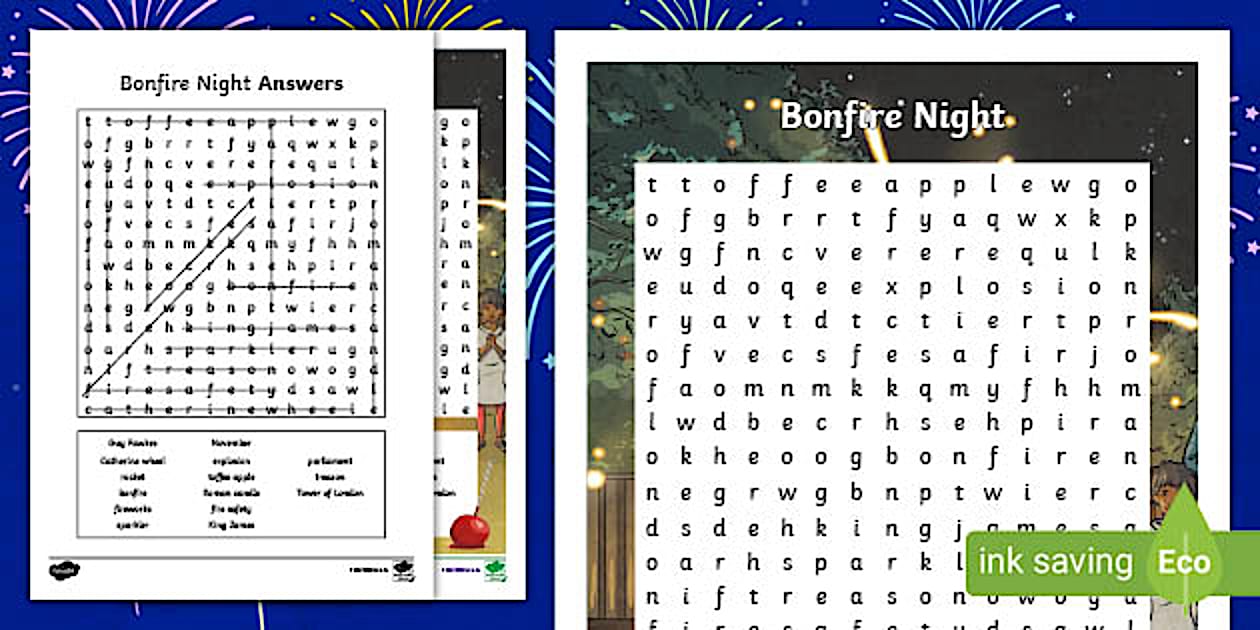 Black and White KS2 Bonfire Night Word Search - Twinkl