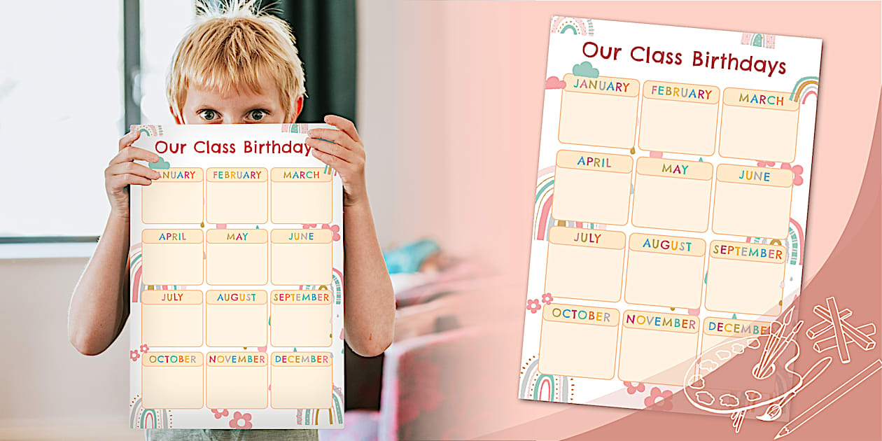 Muted Rainbow-Themed Classroom Birthday Chart Poster
