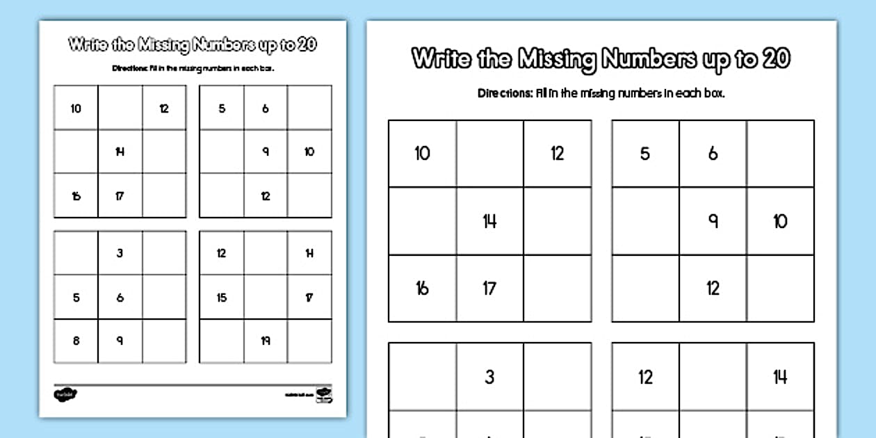 Kindergarten Write the Missing Numbers up to 20 Activity