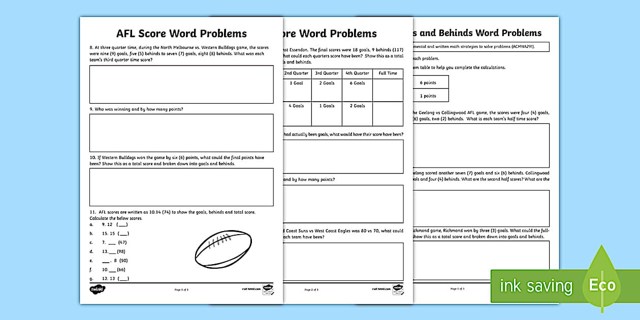 AFL Goal and Behind Word Problems Worksheet / Worksheet