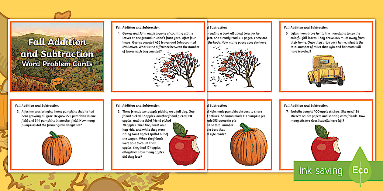 Fall Addition and Subtraction Word Problem Math Task Cards for 3rd-5th ...