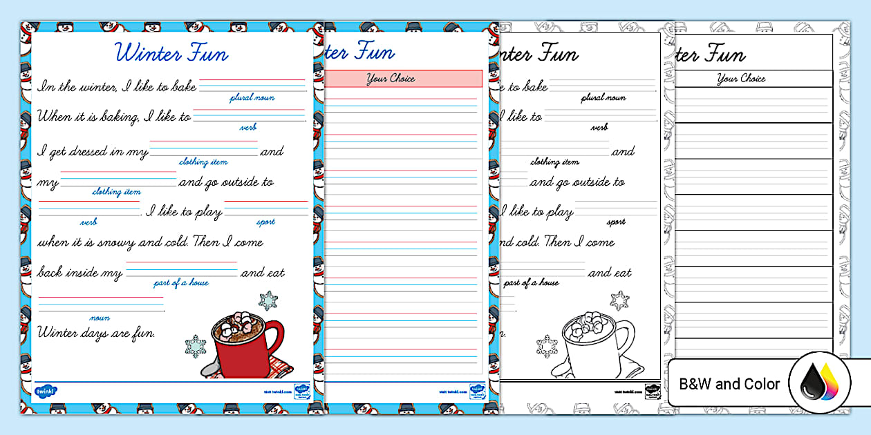 Winter Laugh Libs Cursive Writing Worksheet (teacher made)