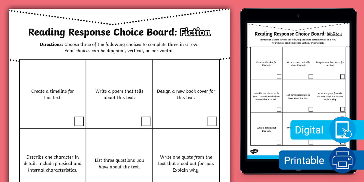Eighth Grade Reading Response Choice Board for Fiction