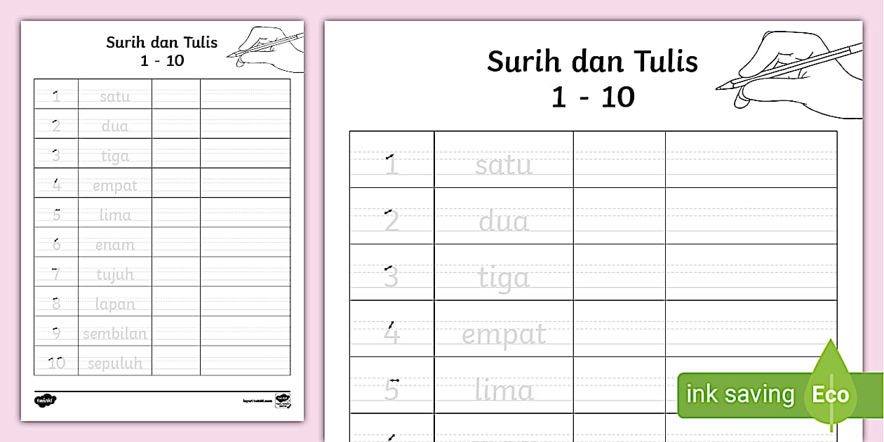 Lembaran Kerja Menulis Nombor 1-10 - Surih dan Tulis