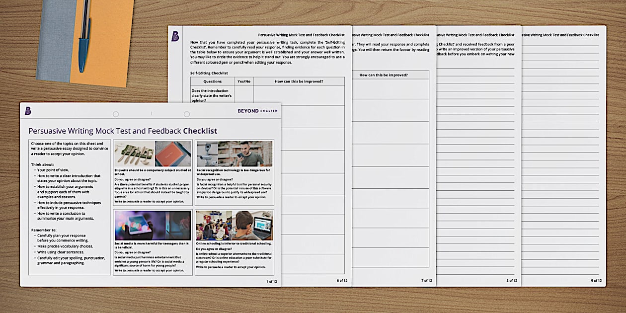 Persuasive Writing Mock Test and Feedback Checklist - Twinkl