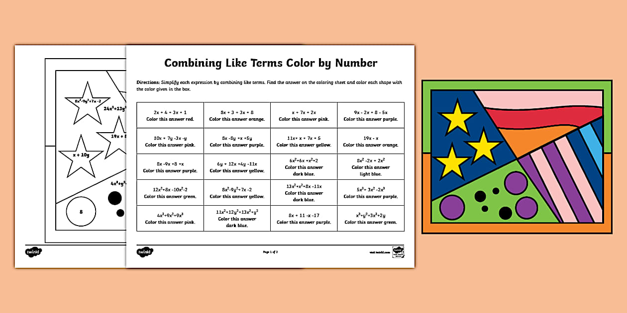Combining Like Terms Color by Number Worksheet | Twinkl USA