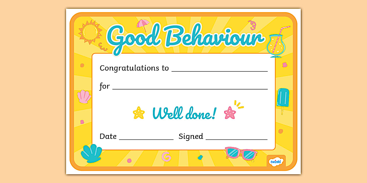 Summer Vibes Themed Good Behaviour Certificate - Twinkl