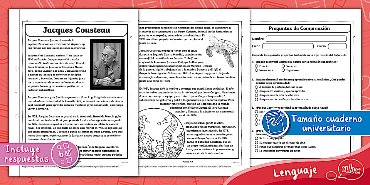 Comprensión | Lectura | Jacques Cousteau | Lenguaje | Biografía