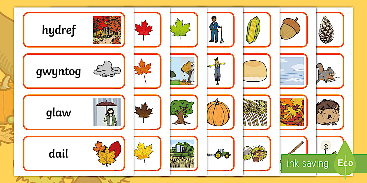 Geiriau Thema Yr Hydref Cardiau Fflach (teacher made)