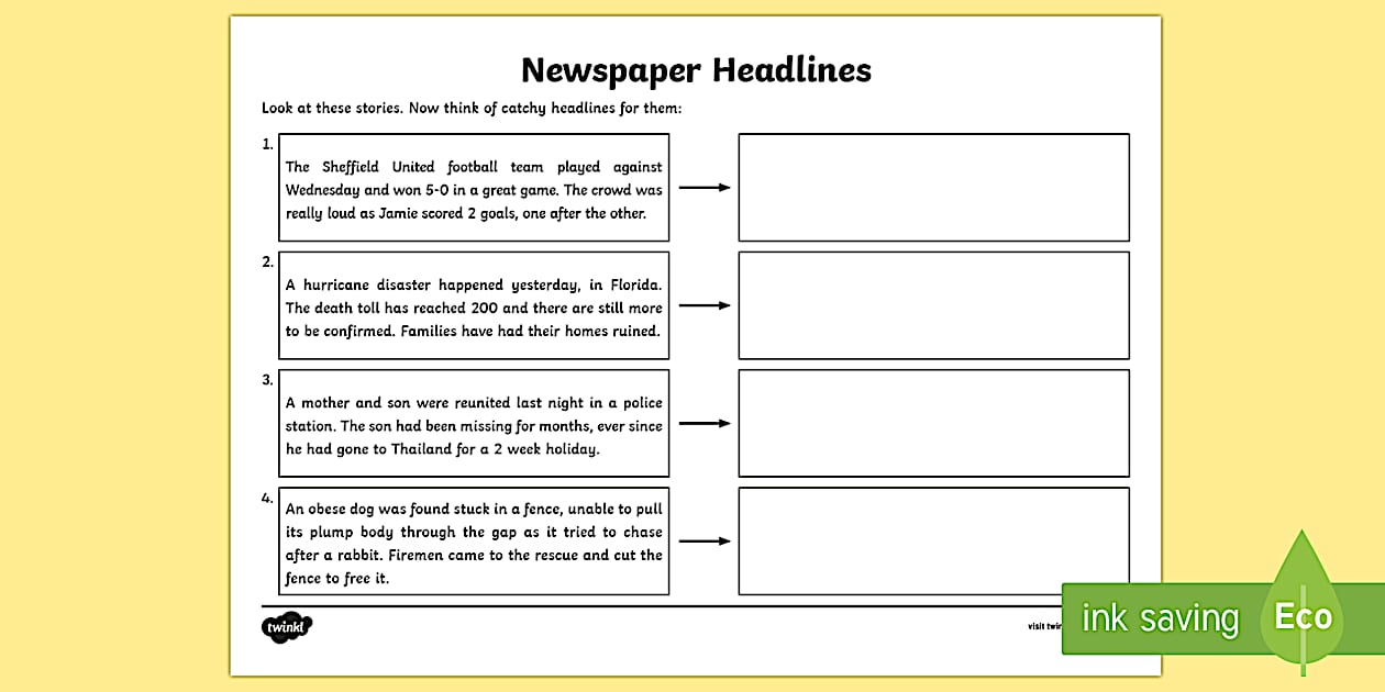 Newspaper Headline Writing Worksheet Higher Ability - Twinkl