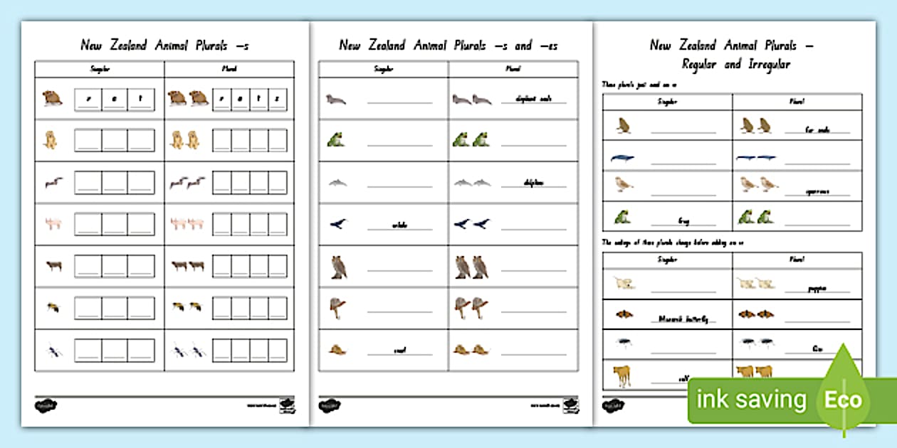 New Zealand Animal Plurals Differentiated Worksheets
