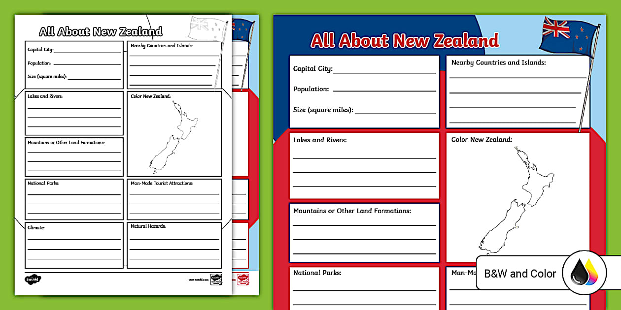 All About New Zealand Research and Write Worksheet for 3rd-5th Grade